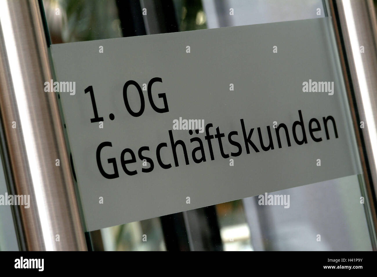 Bank buildings, indoors, sign, Business customers, 1. OG Bank, interior ...