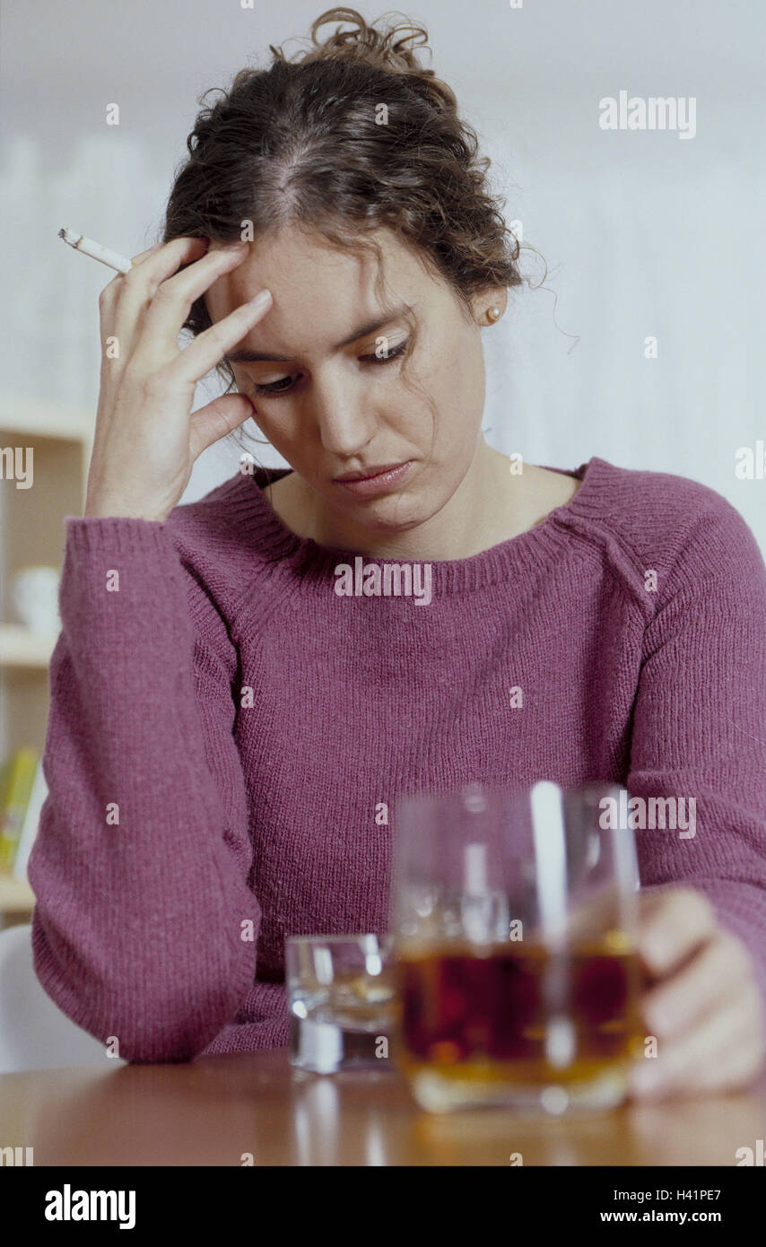 Woman, young, whisky glass, cigarette, sadly, desperation 25-30 years ...