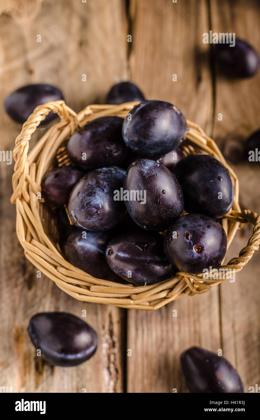 Freshly picked and washed plums from bio garden in basket Stock Photo ...