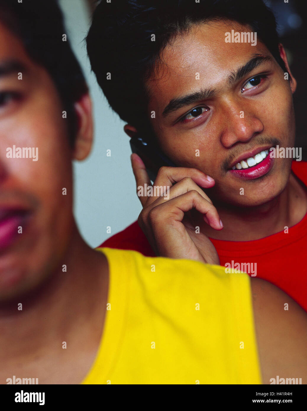 Indonesia, men, young, mobile phone, call up, listen Malayan ...