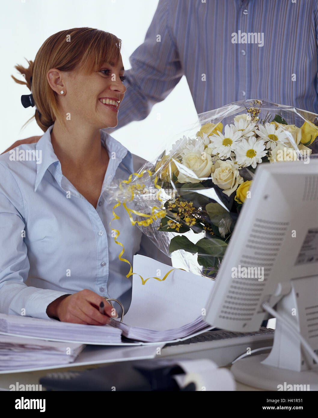 Office, man, woman, bouquet, overabundant business, colleague ...