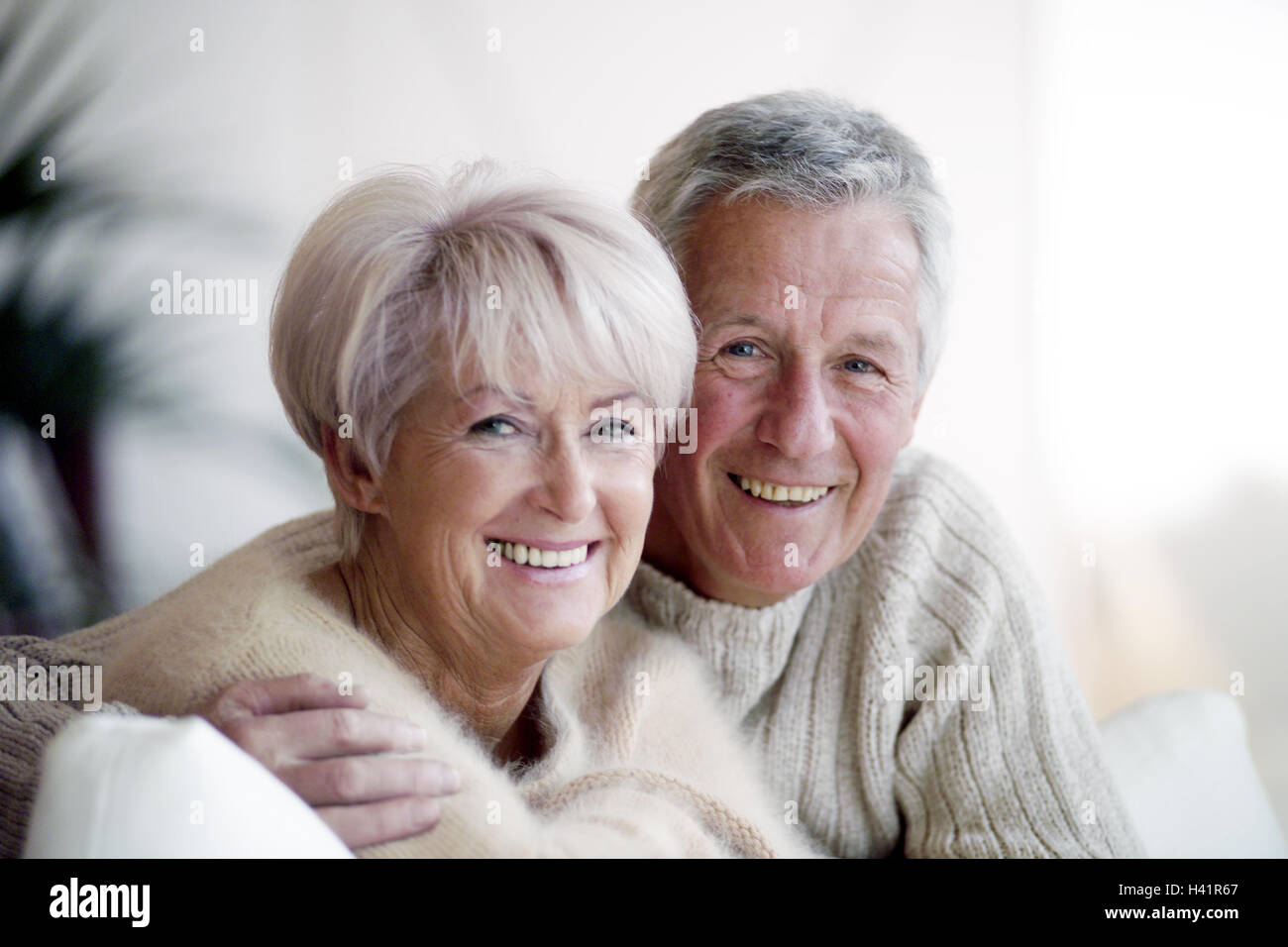 Sofa, Senior couple, embrace, happy, portrait, couple, 60 - 65 years ...