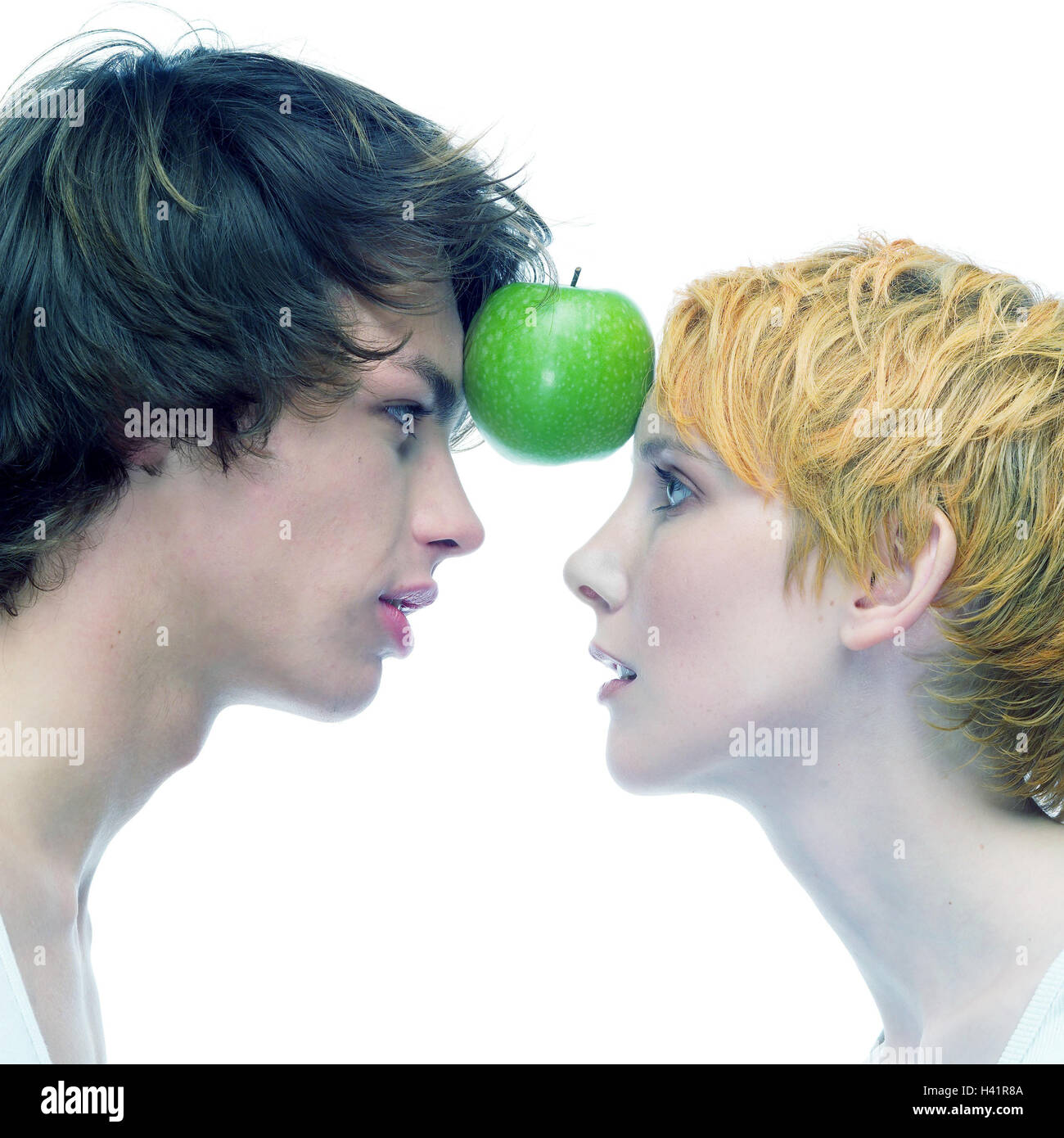 Couple, eye contact, forehead, apple, green, side view, partnership ...