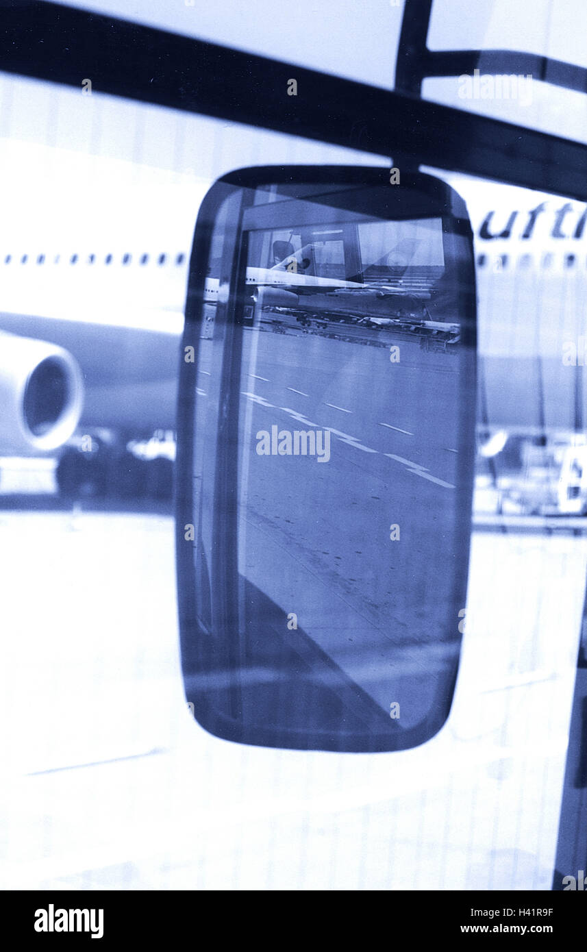 Airport grounds, detail, airplane, reflector, mirroring, monochrome ...