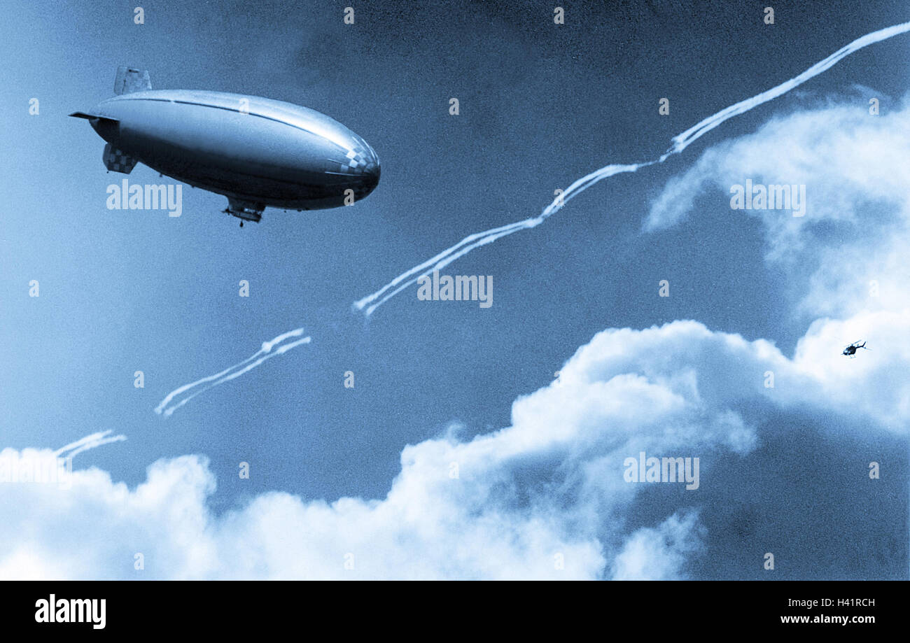 Cloudy sky, zeppelin, helicopter, flight, from below, monochrome [M] of ...