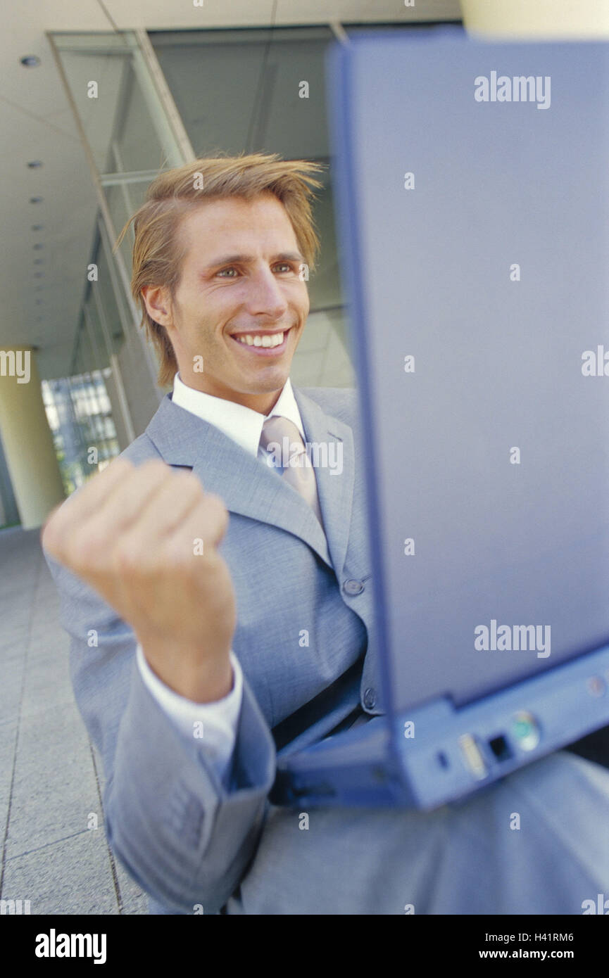 Manager, laptop, detail, gesture, cheering, businessman, man, notebook ...