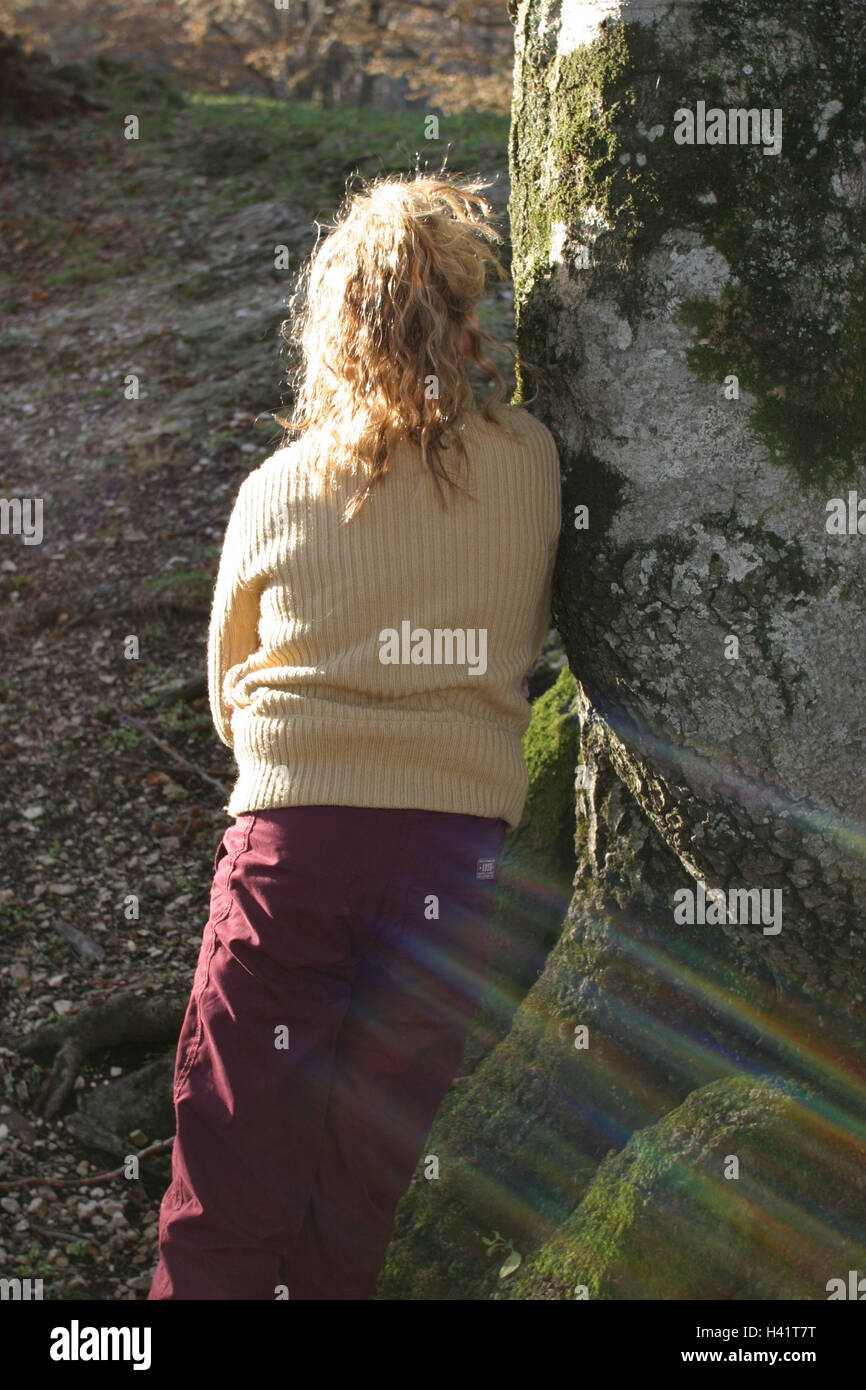 Autumn wood, trunk, girl, lean, back view wood, season, autumn ...