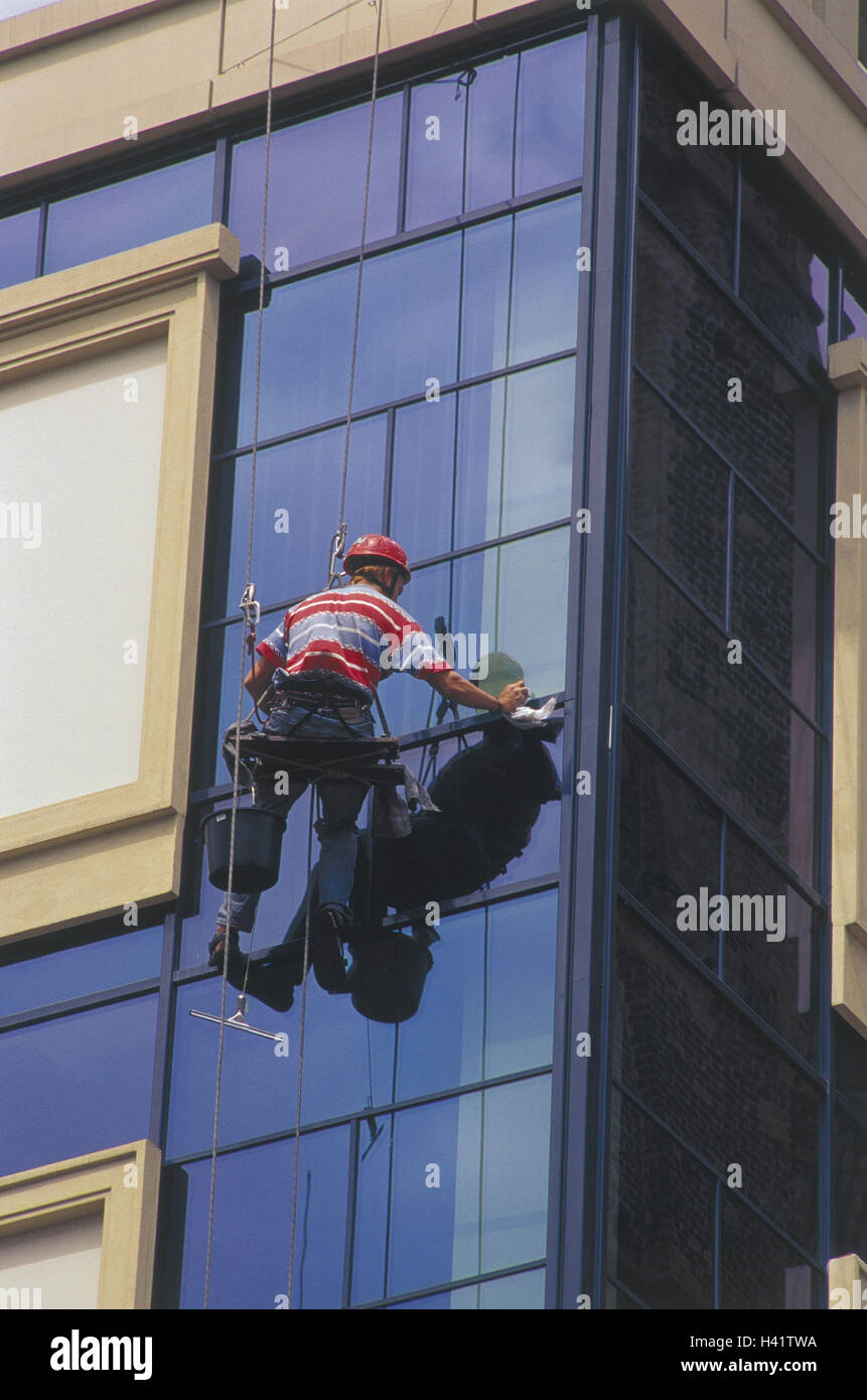 High rise facade, detail, window-cleaner, back view, high rise ...