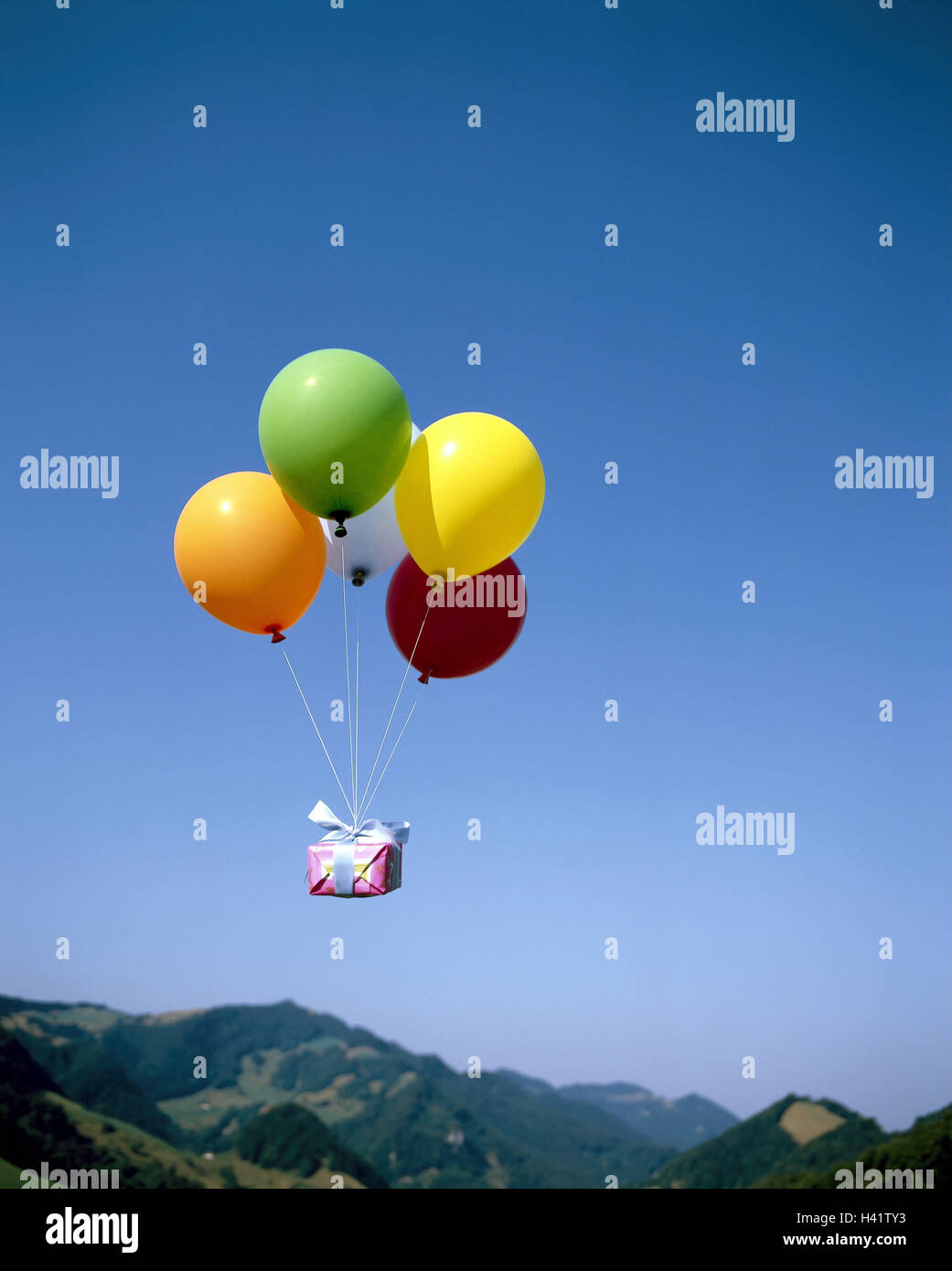 Mountain landscape, balloons, present, float, balloons, birthday ...