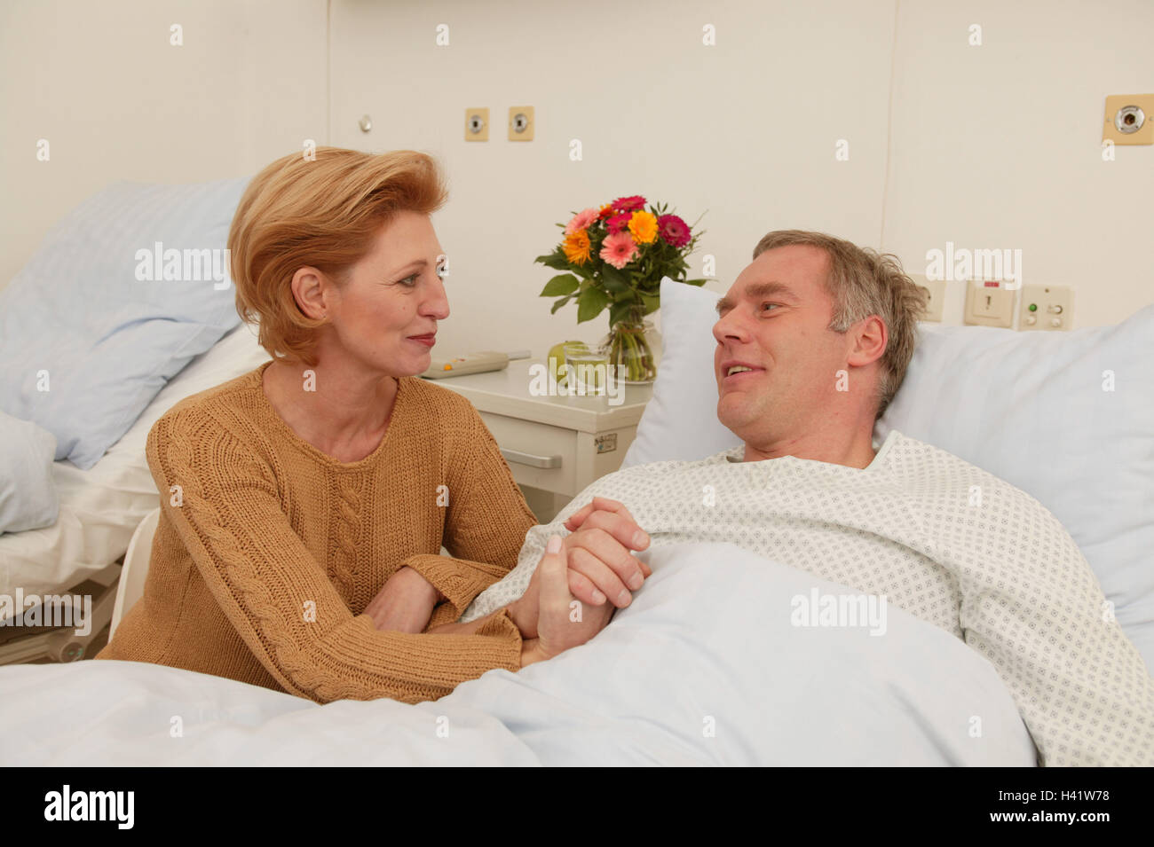 Sickbed, patient, smile, hold woman, eye contact, portrait, medicine ...