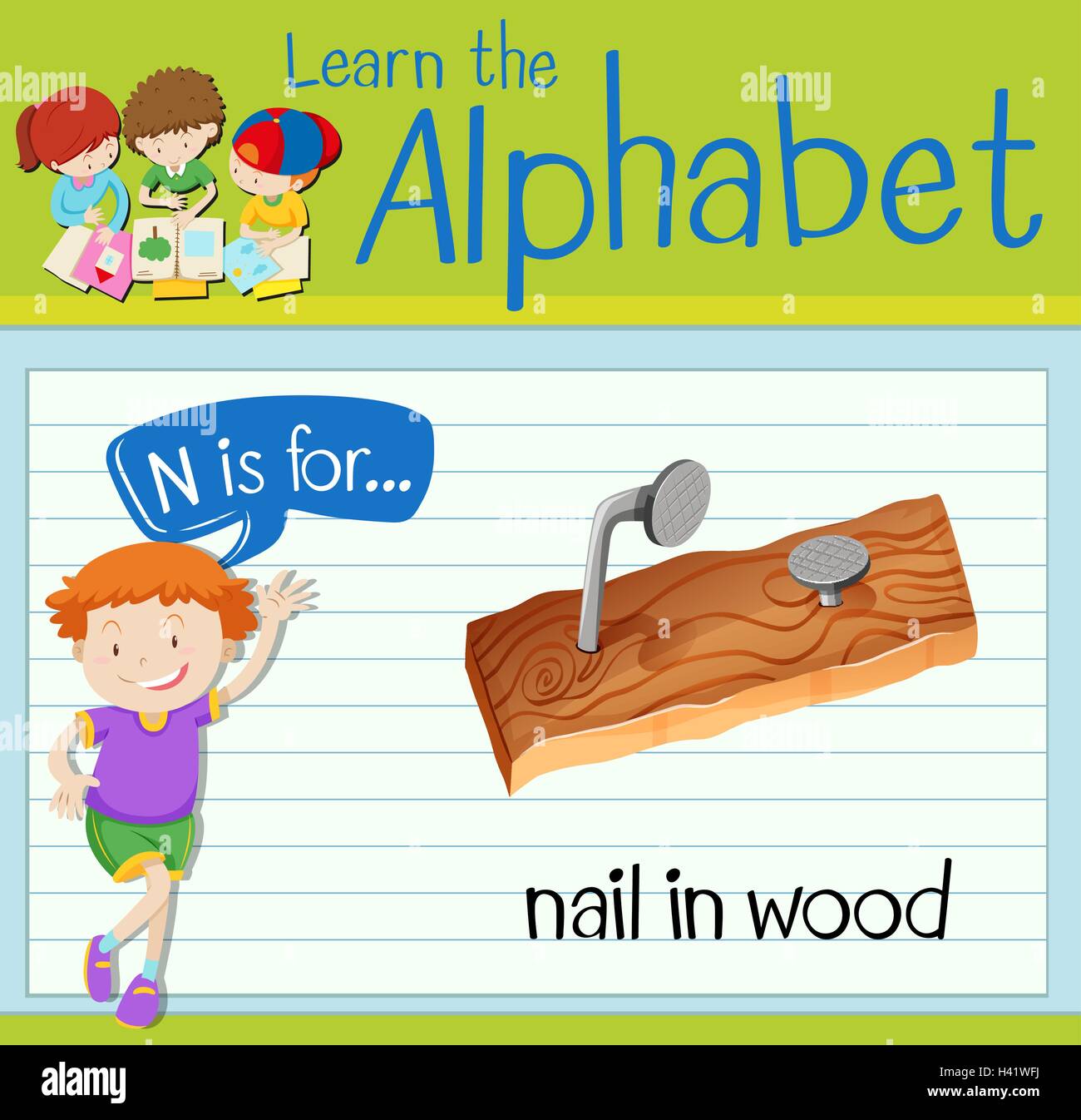 Flashcard letter N is for nail in wood illustration Stock Vector Image ...