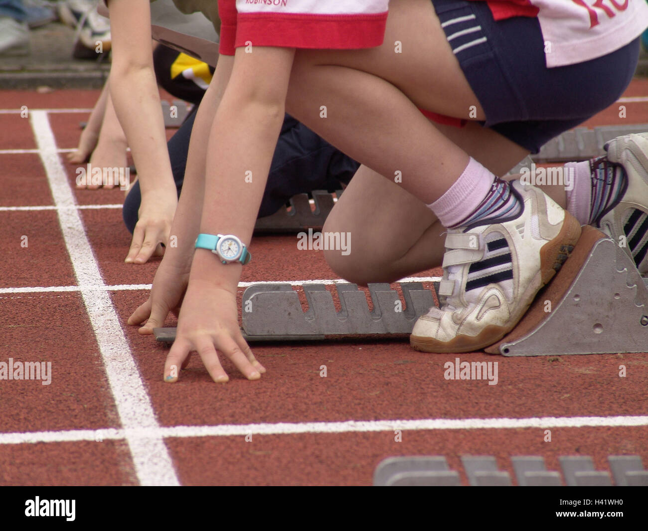Tartanbahn, starting blocks, children, detail, stadium, dirt track ...