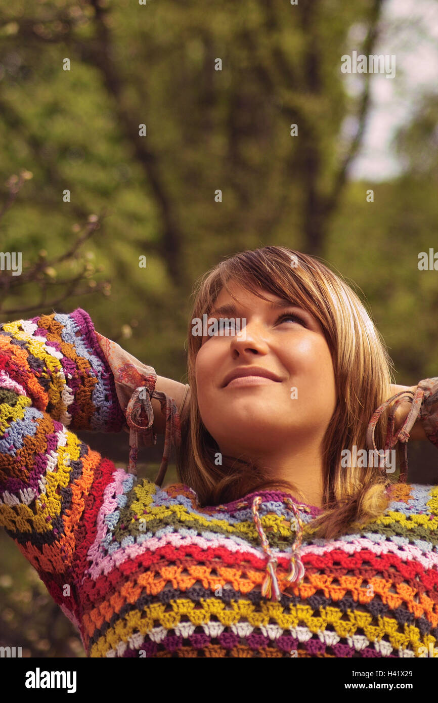 Garden, woman, young, lean back, to high-level views, portrait, women's ...