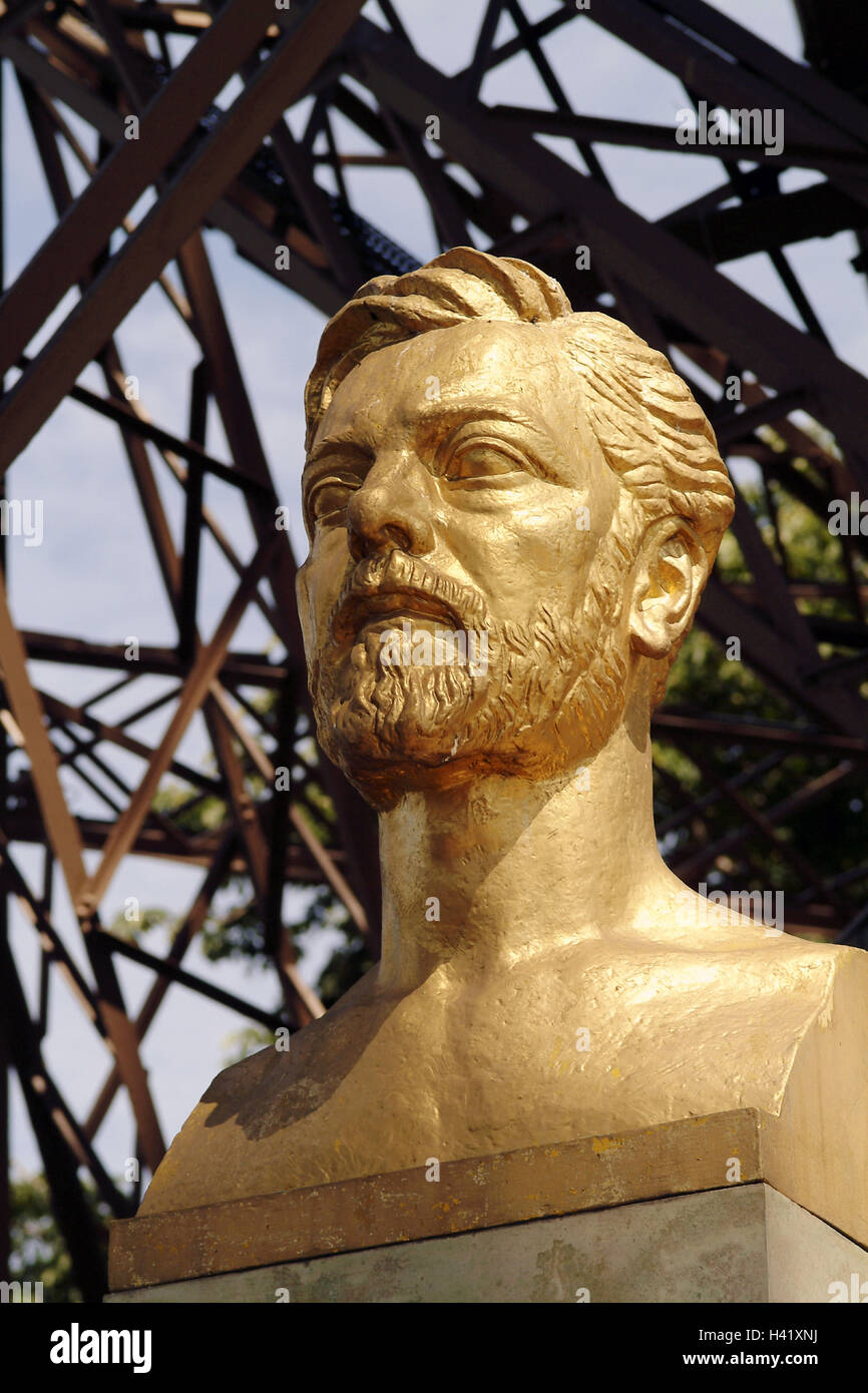 France, Paris, Eiffel Tower, detail, bust "Alexandre Gustave Eiffel ...