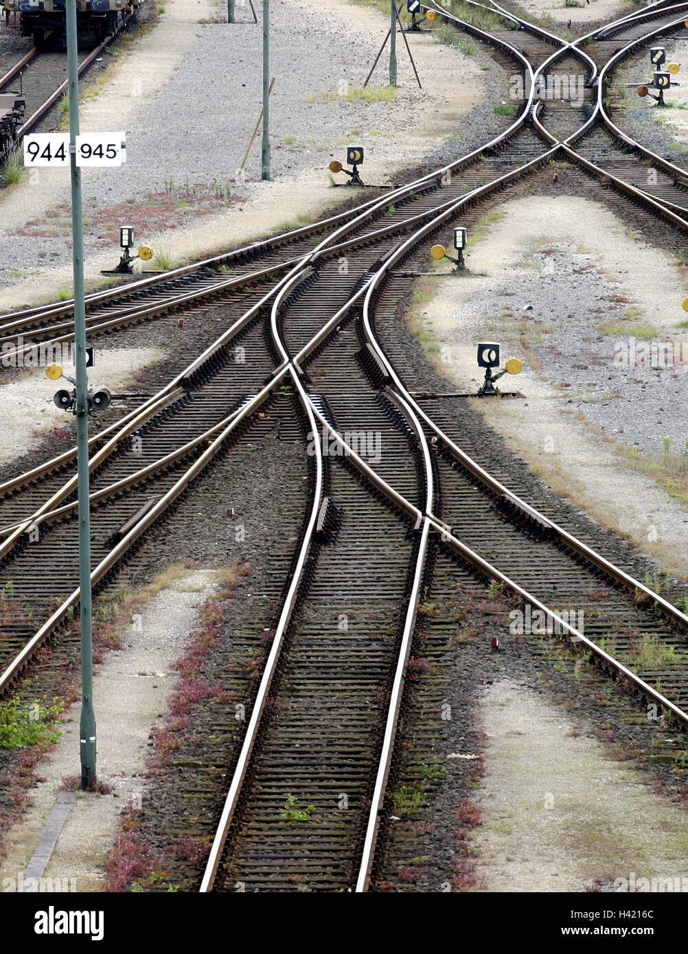 Railway station, railway track, detail, switchs, marshalling yard ...