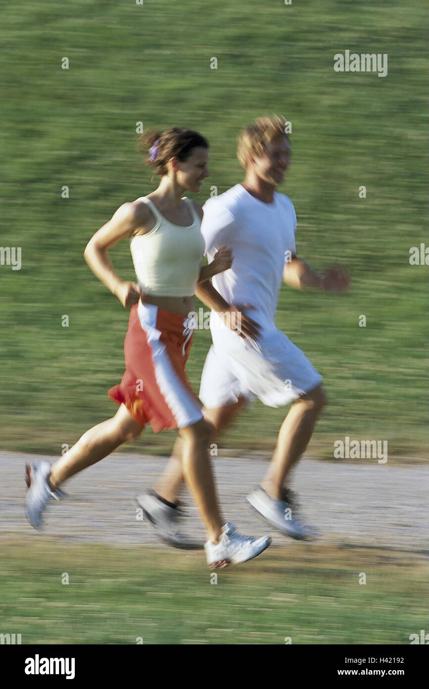 Couple, happy, jogging, blur, model released, outside, joggers, summers ...
