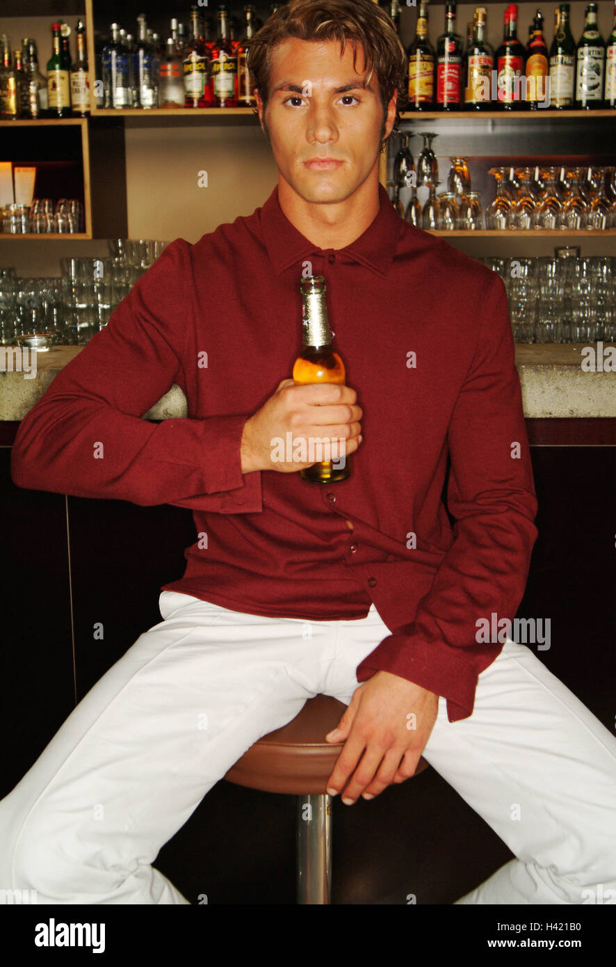 Cash, bar stools, man, young, beer bottle, view camera bar, nightclub ...