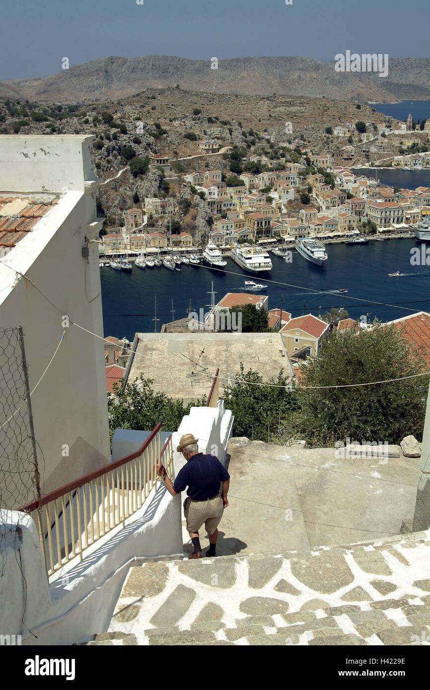 Greece, island Symi, Symi town, town view, harbour, steps, senior, back ...