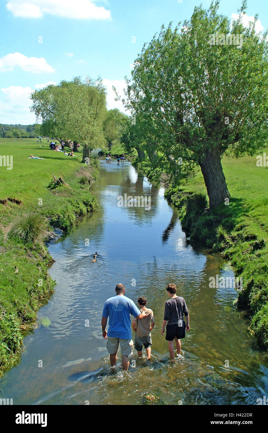 Father and children wading through English stream Stock Photo - Alamy