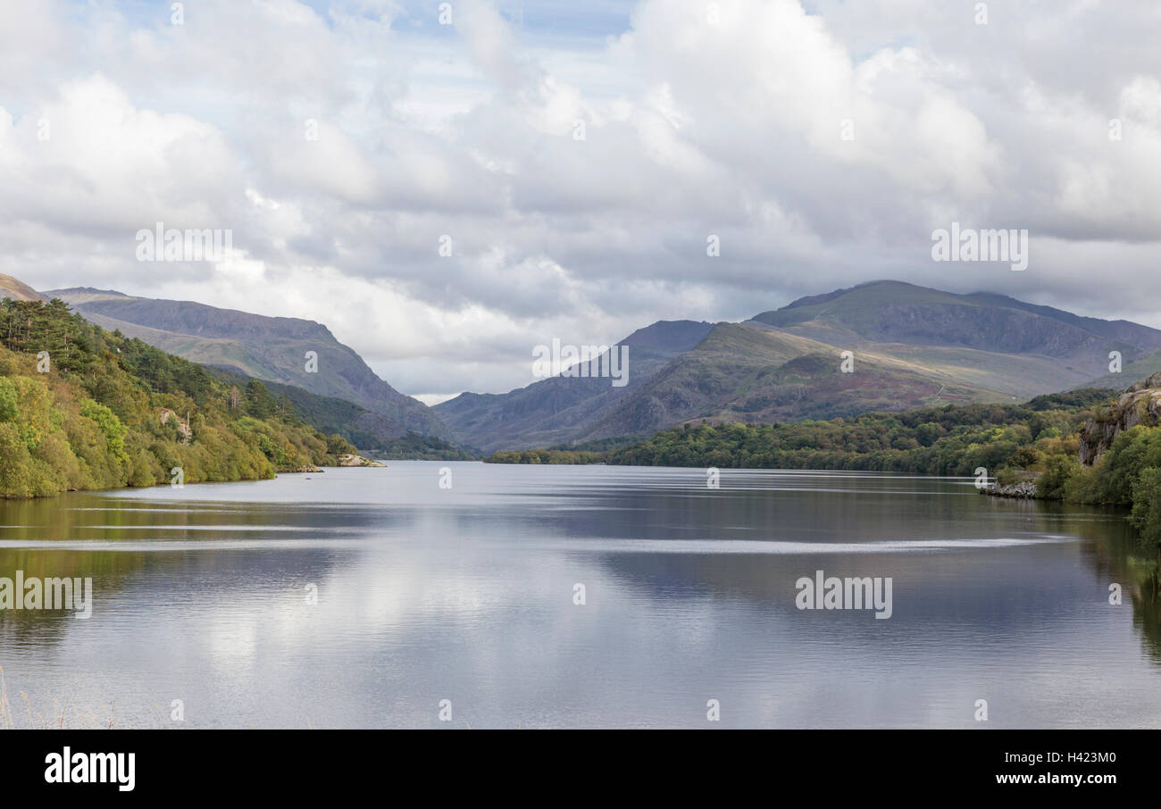 Llyn Padarn lake near the village of Llanberis and the distant Snowdon ...