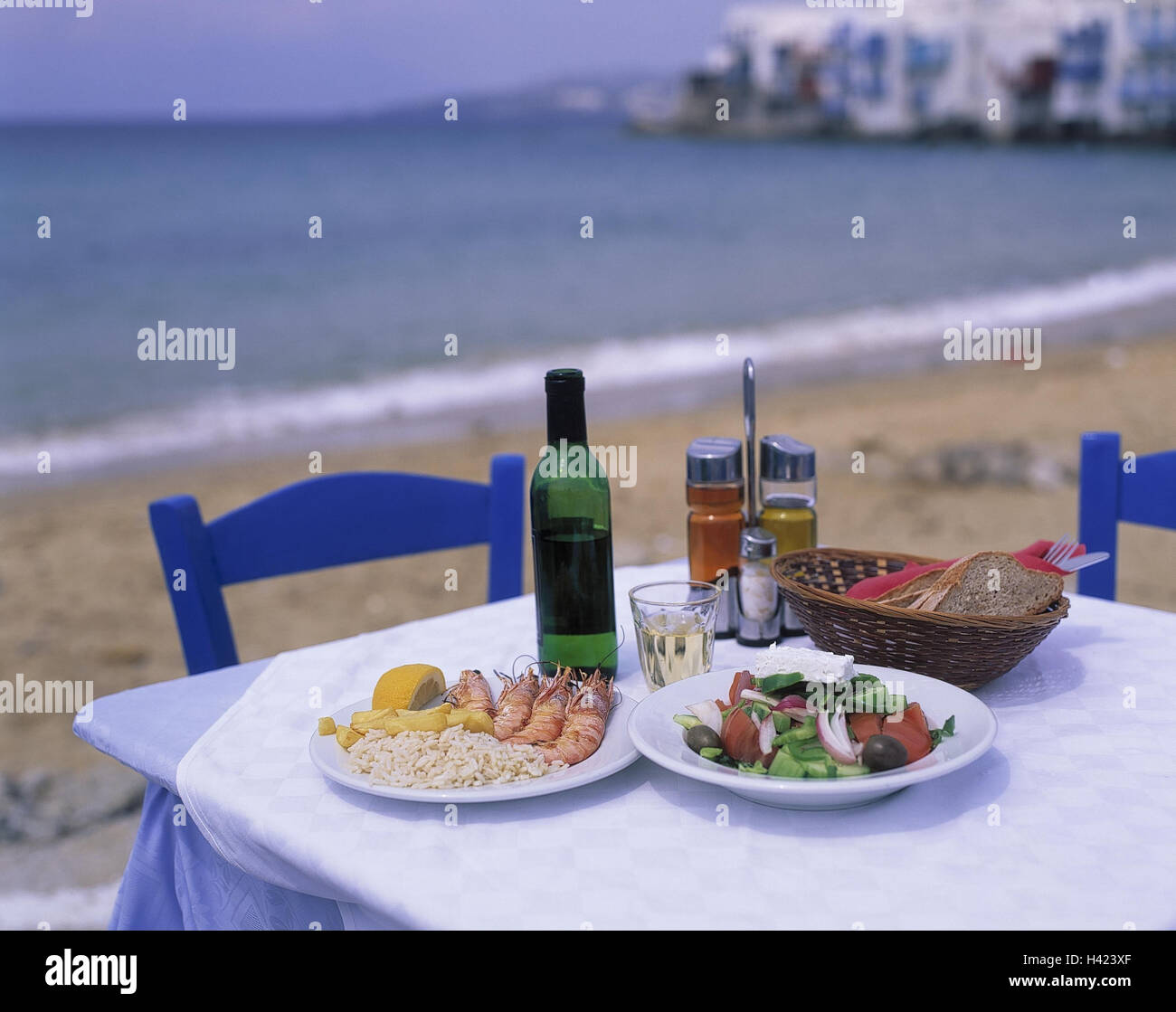 Greece, Mykonos, beach, tavern, table, detail, foods, in Greek, outside ...
