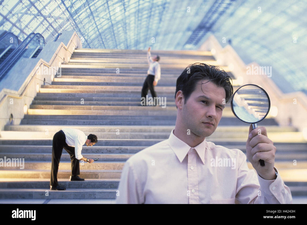 Stairs, men, loupes, search, observation, business, business people ...