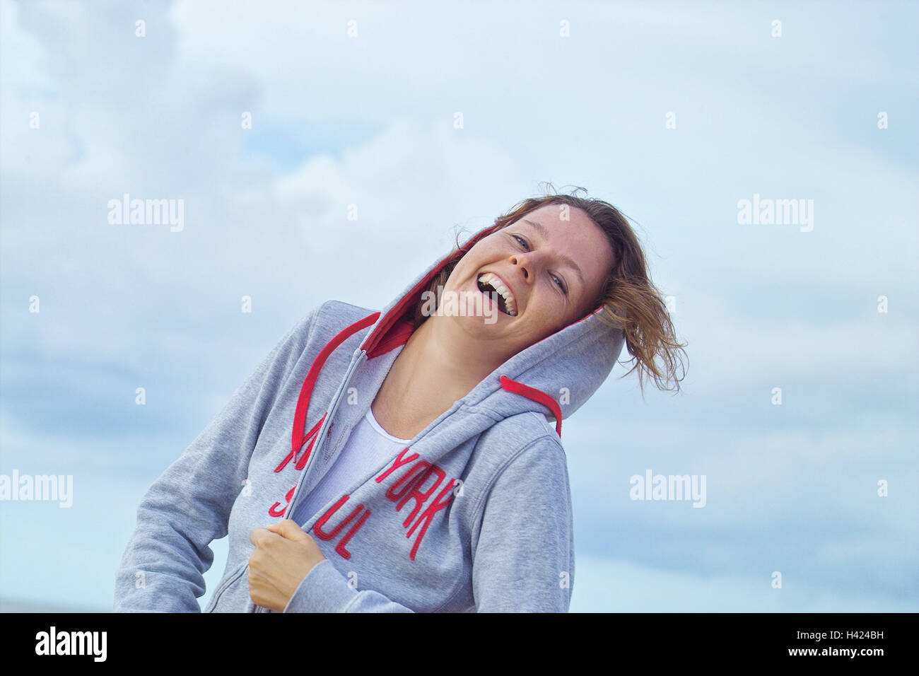 Woman, hood jacket, laugh, portrait, women's portrait, 20-30 years ...
