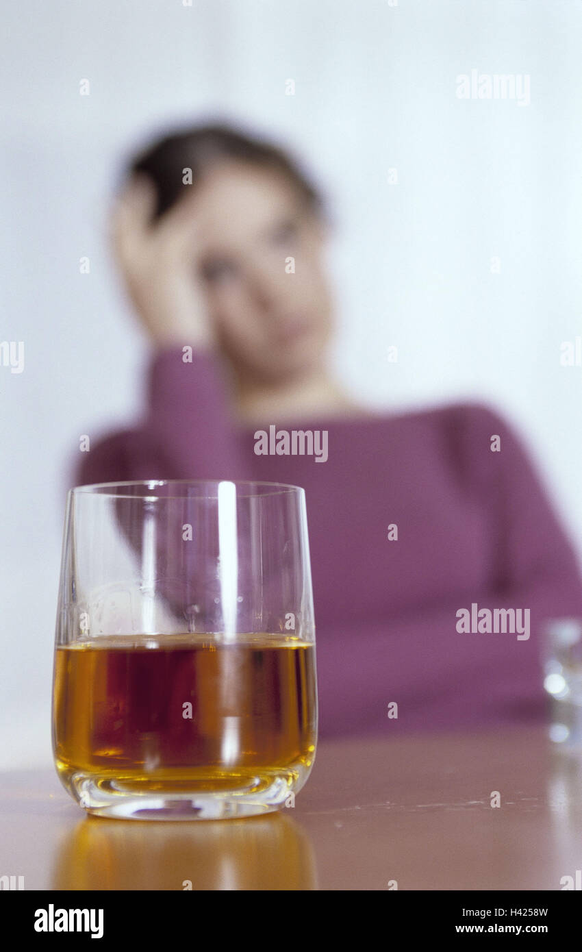 Woman, young, whisky glass, sadly, desperation 25-30 years, alcohol ...