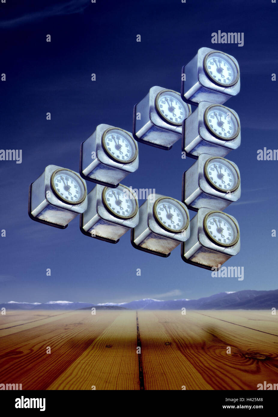 Surrealism, clocks, wooden floor, mountains, times, times, times, "five ...