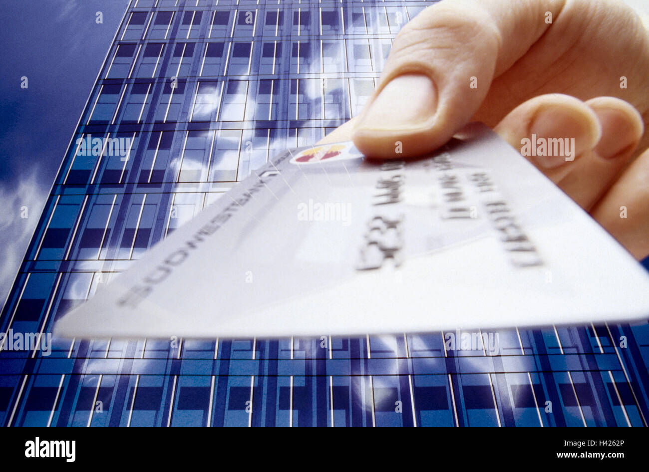 High rise, glass front, hand, credit card close up, [M], bank, office ...