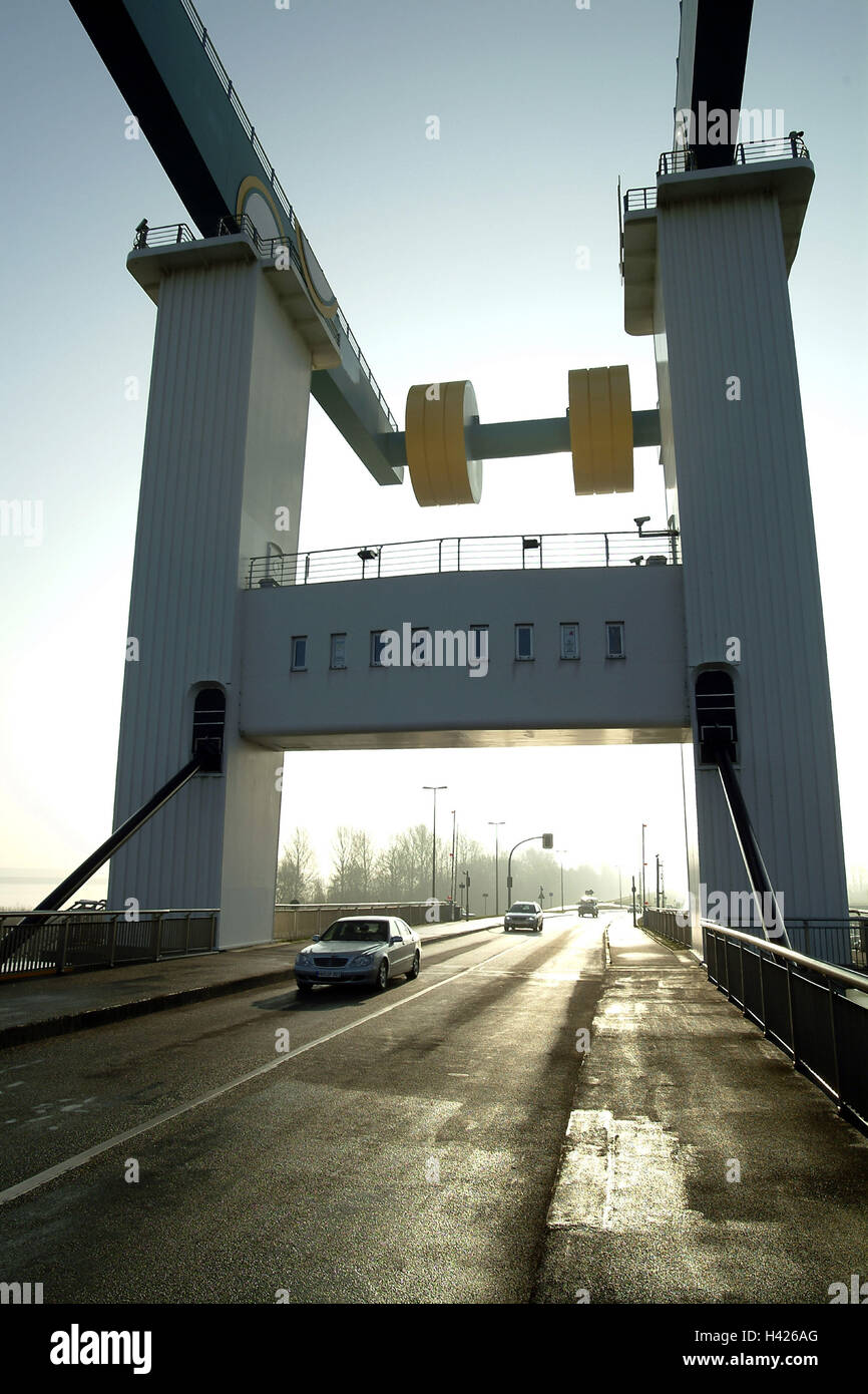 Germany, Hamburg, Finkenwerder, drawbridge, traffic, back light, Europe ...
