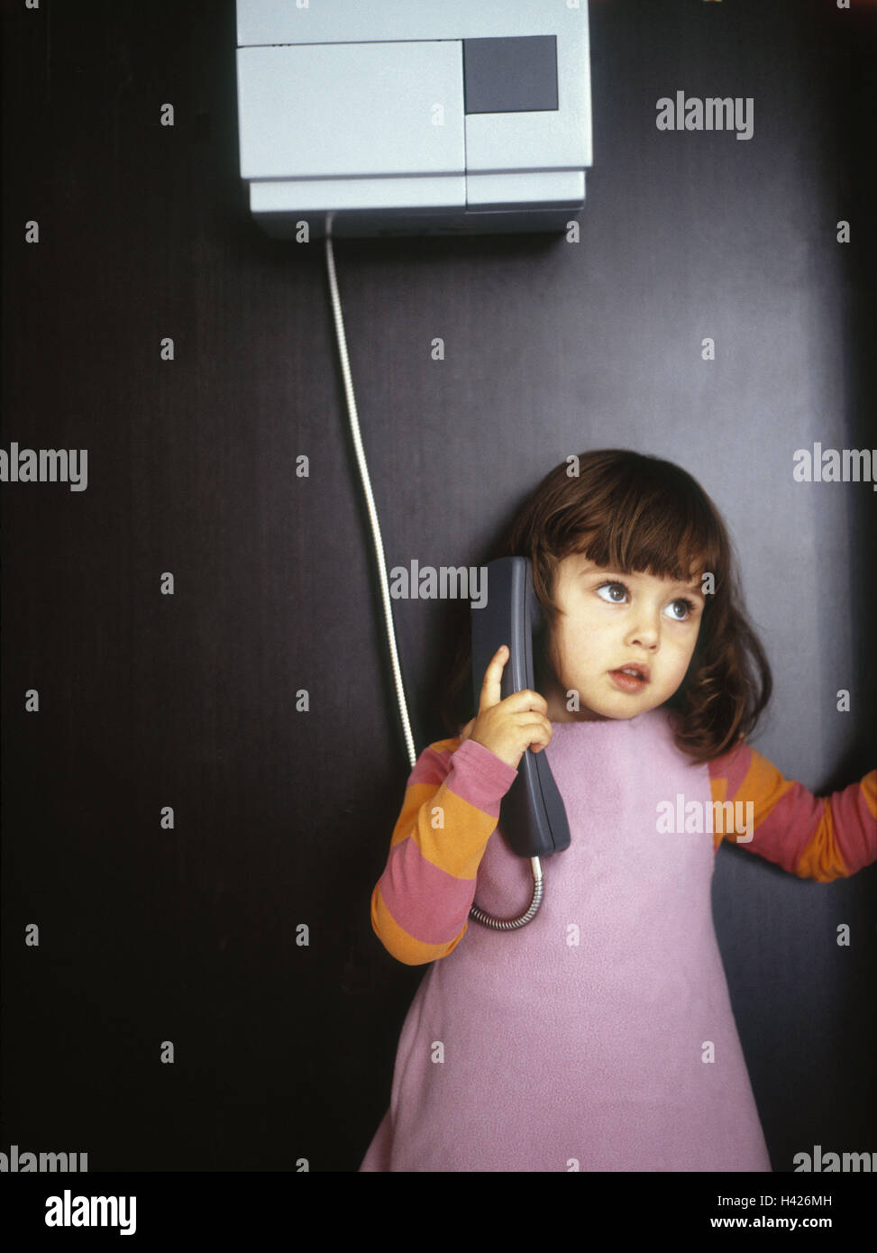 Girls, seriously, pay phone, call up, play half portrait, child ...