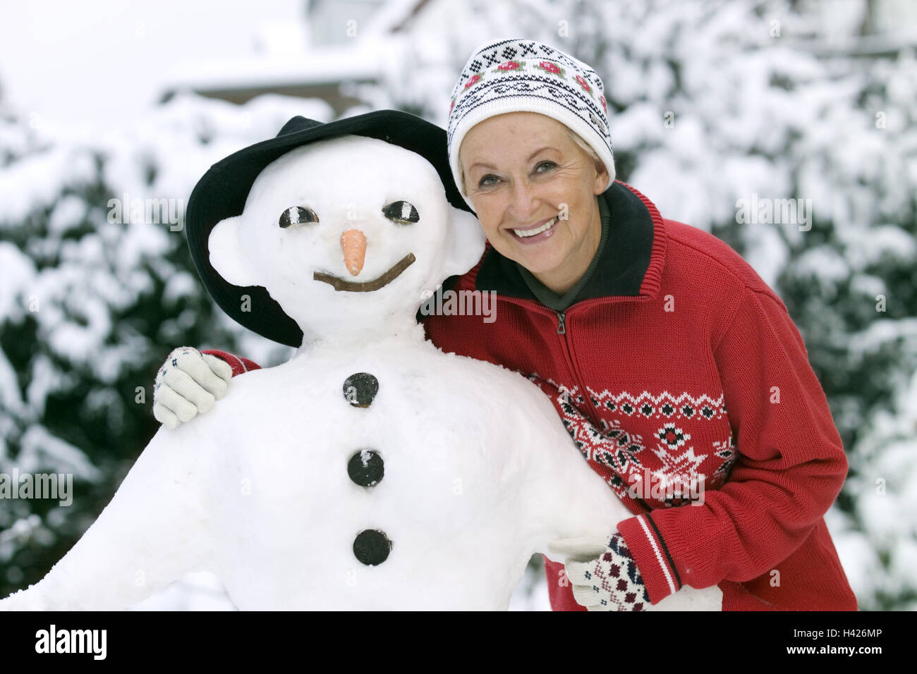 Senior, happy, snowman, portrait, woman, Best Age, leisure time ...