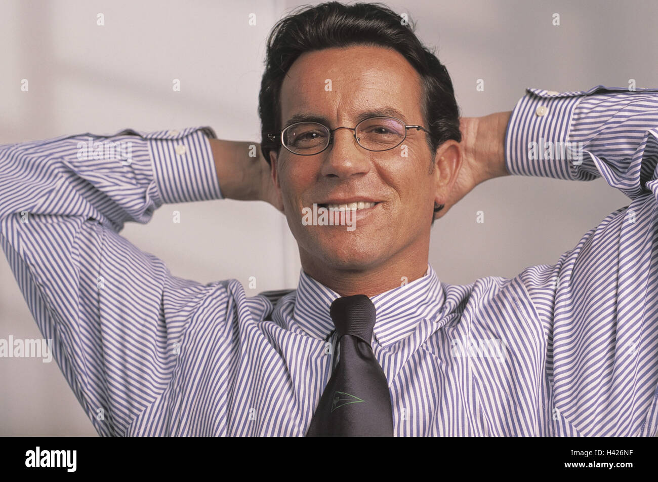 Businessman, glasses, contently, smile, lean back, gesture, portrait ...