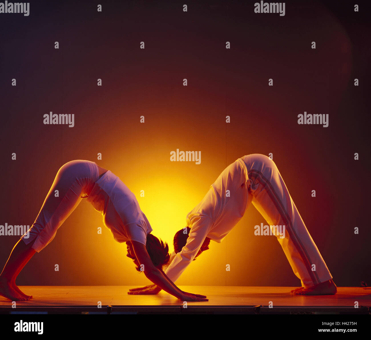 Couple, relaxation exercise, yoga, synchronically, Adho mukha svanasana ...