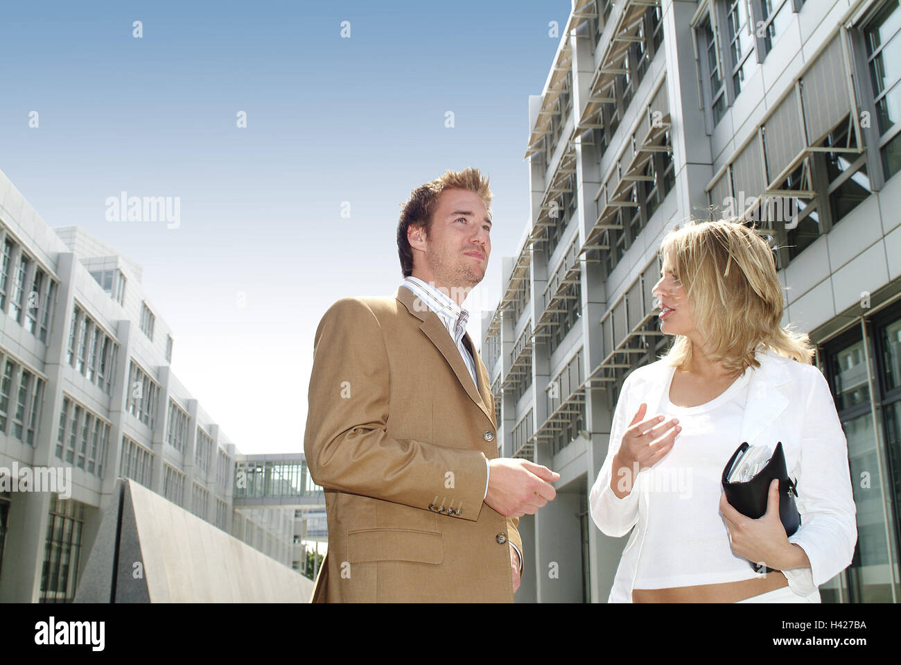 Pair, colleagues, conversation, background,, Business buildings, Series ...