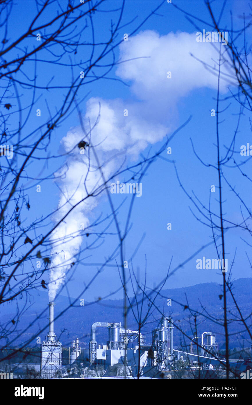 Shrubs, branches, view, manufacturing plant, detail, chimney, smoke ...