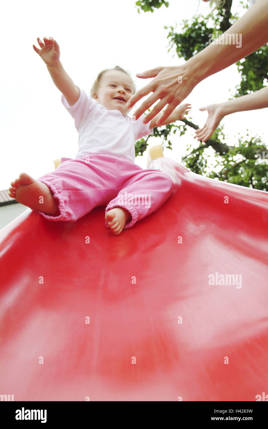 Girls, cheerfully, slide, slides, women hands, stretched out, Series ...
