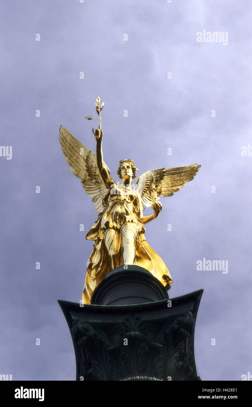 Germany, Upper Bavaria, Munich, Peace angels, clouded sky, from below ...