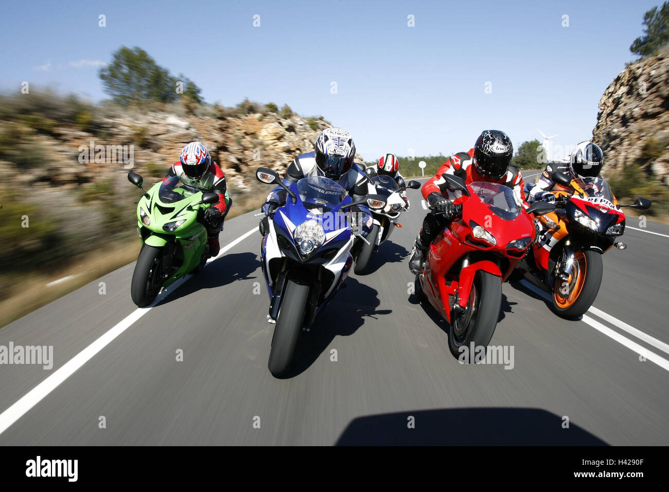Motorcycles, 1000th comparative test, 5th formation, moving, head-on ...