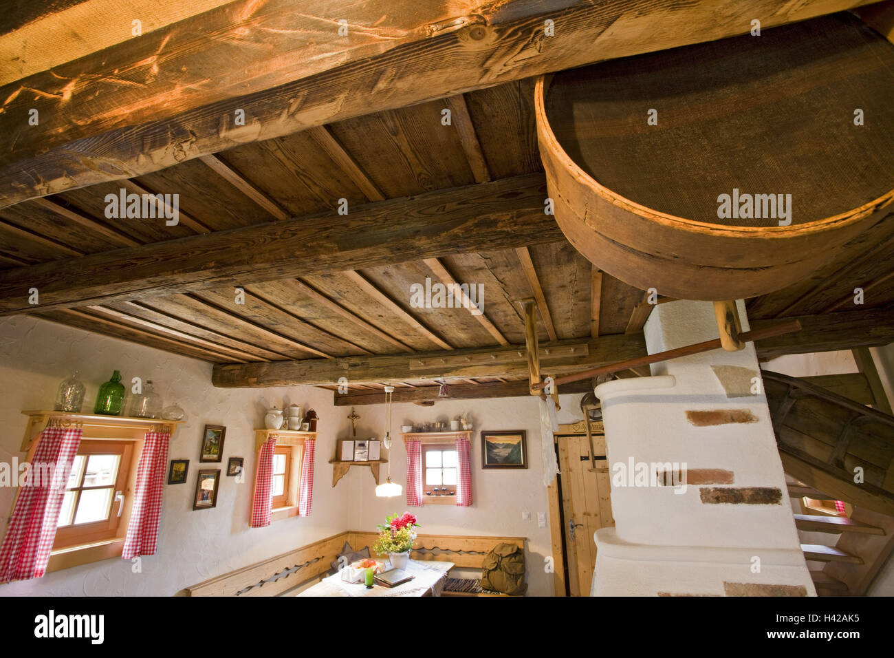 Austria, Carinthia, wooden hut, inside, wooden caps Stock Photo - Alamy