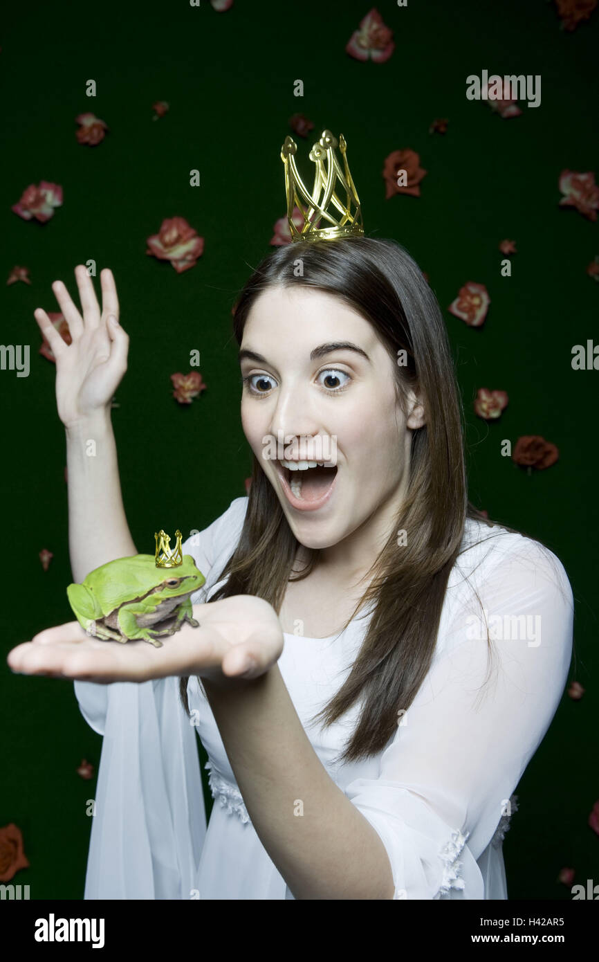 Woman, surprised, paneling, Princess, Hand, frog holding, Crown ...