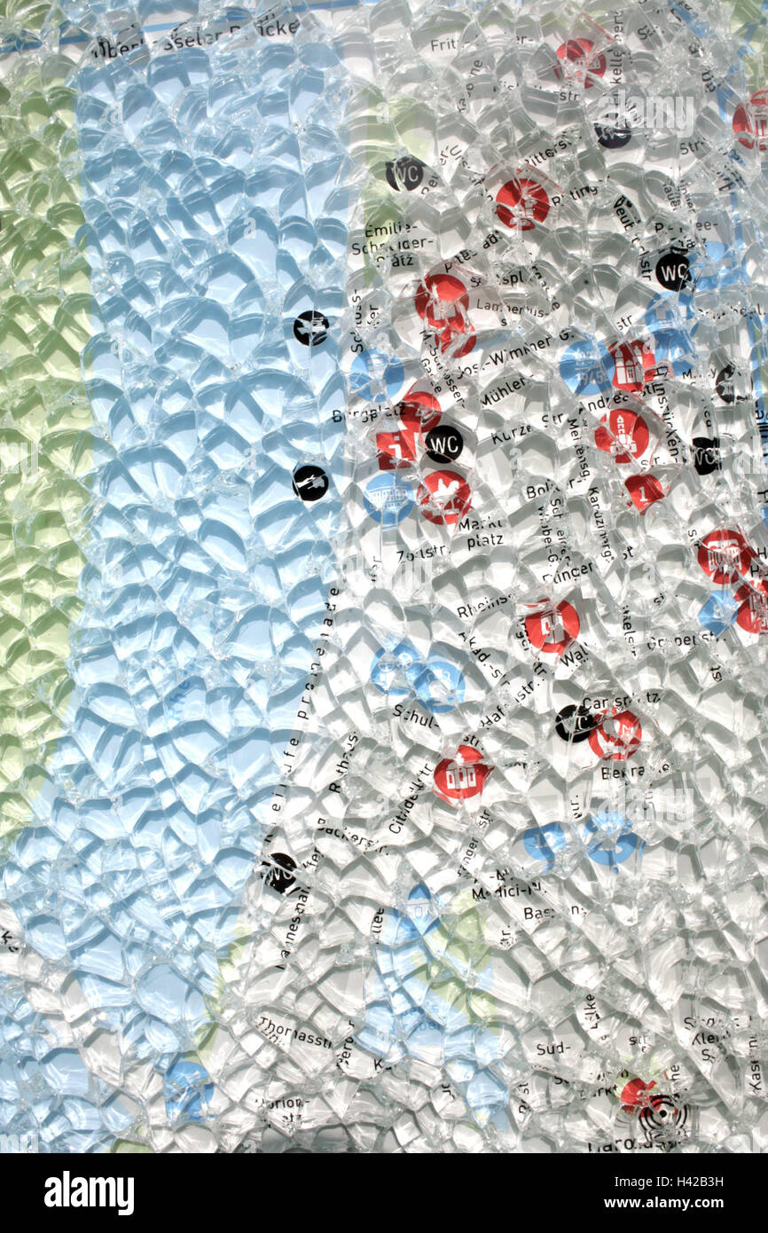 City map, glass, broken, close up, glass, broken, shards, mashes, map ...