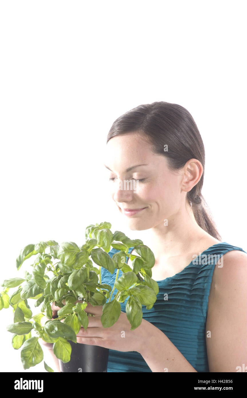 Woman, basil, smell, portrait, curled Stock Photo - Alamy