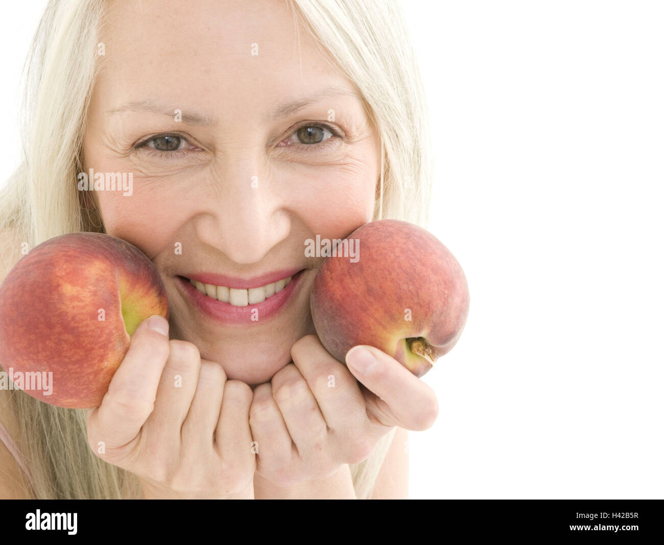 Woman, middle old person, peaches, cheeks, hold, portrait, curled Stock ...