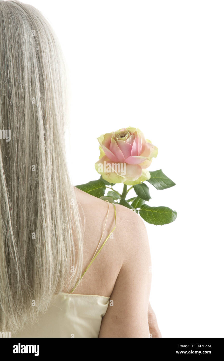 Woman, middle age, rose, hold, rear view, detail Stock Photo - Alamy