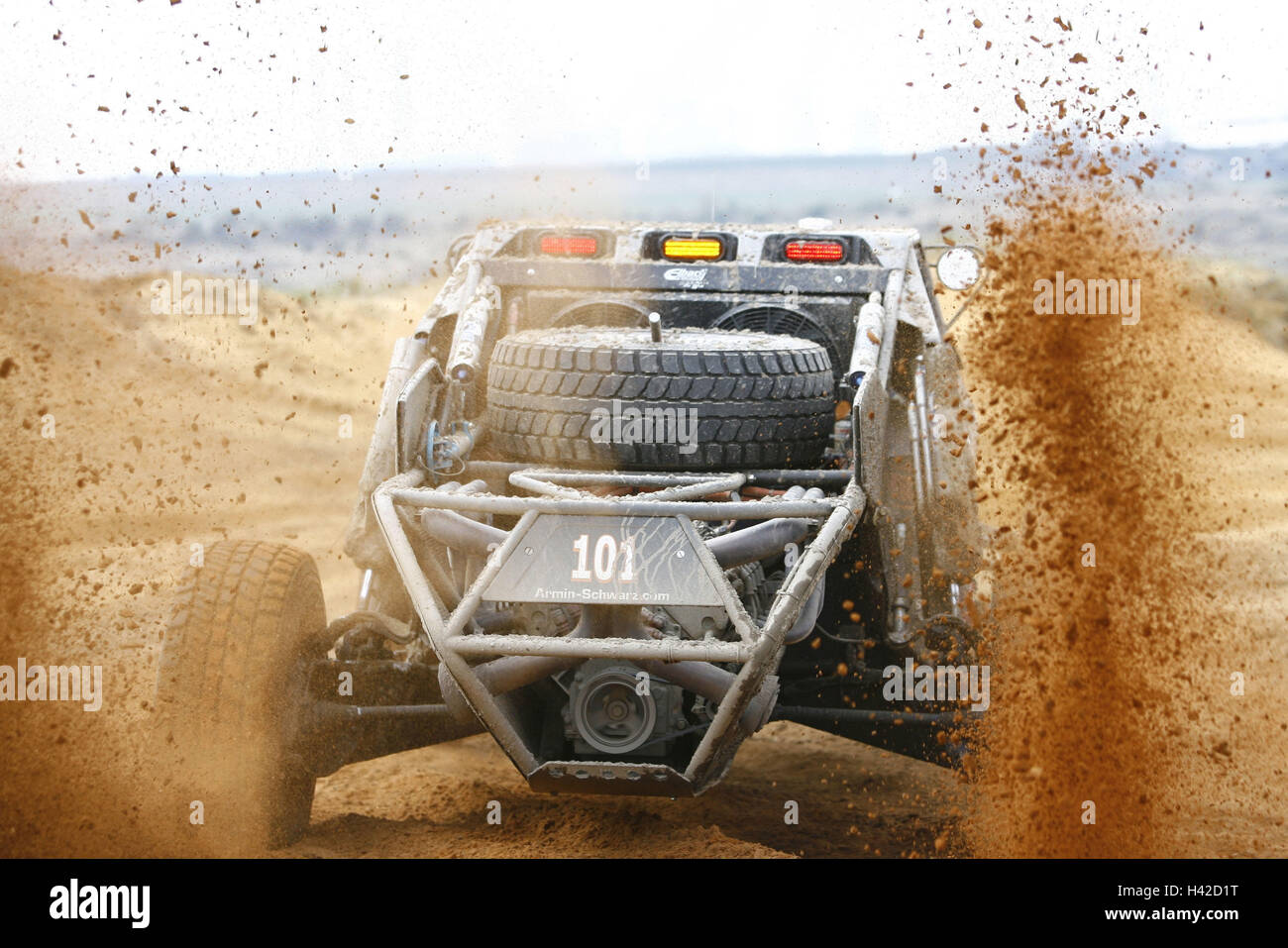 Baja California buggy, wild vehicle, journey, ground, whirl up, rear ...