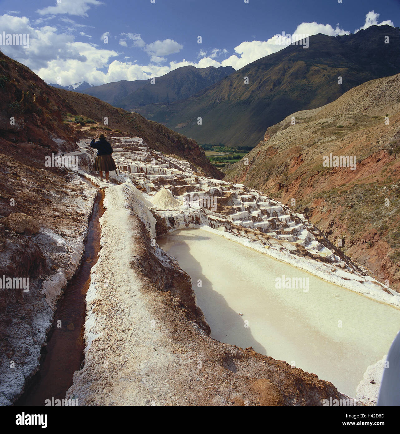 Peru, Urubamba valley, Maras, salt mines, woman, back view, South ...