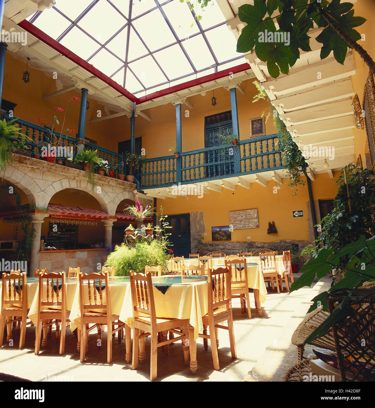 Peru, Cuzco, hotel, inner courtyard, tables, chairs, South America ...