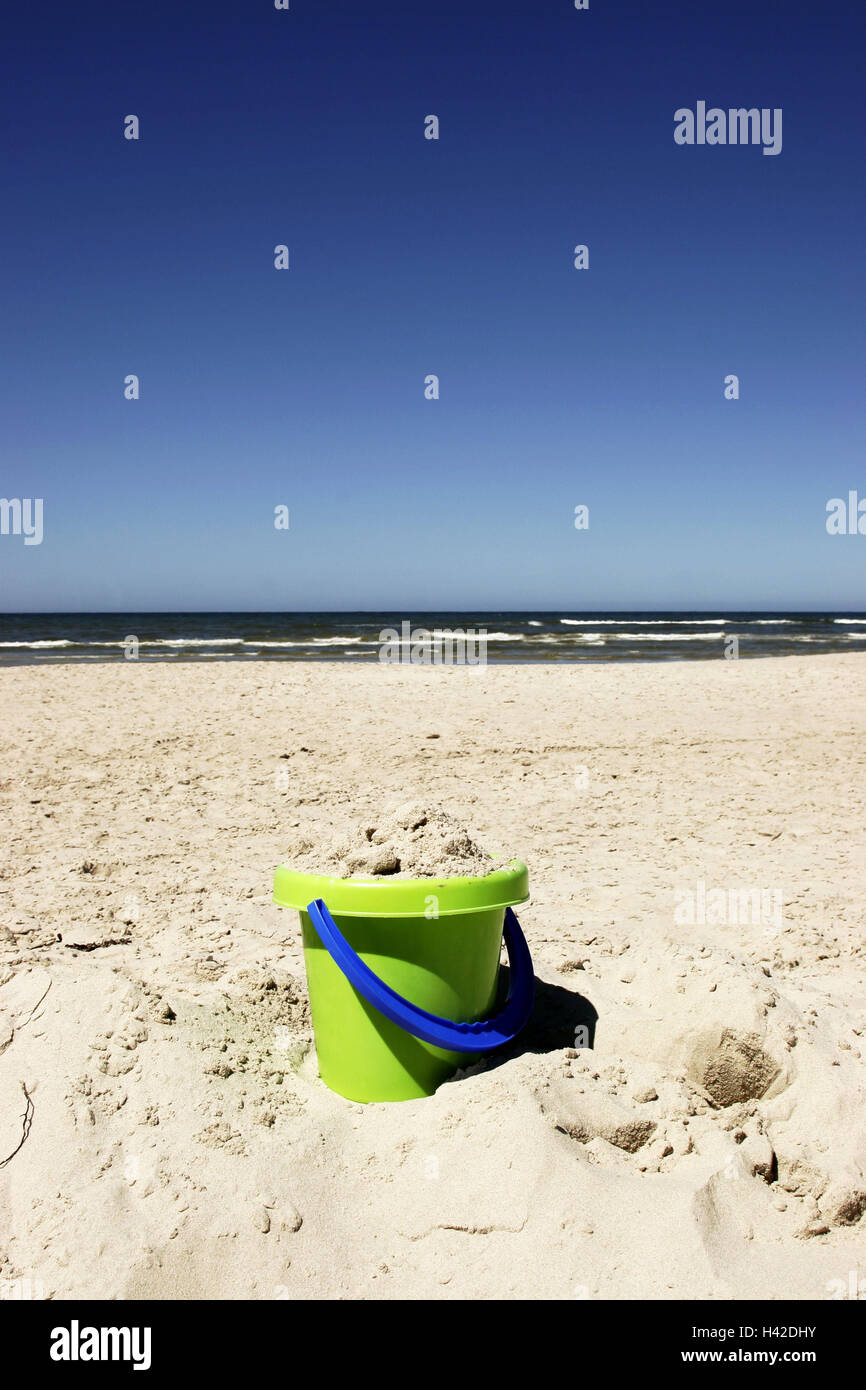 Sandy beach, buckets, sea, heavens, blue, cloudless, horizon, wideness ...